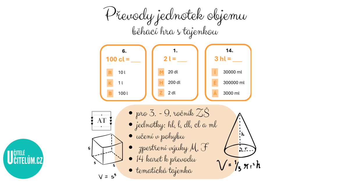 Převody jednotek objemu - běhací hra s tajenkou - Fyzika | UčiteléUčitelům.cz